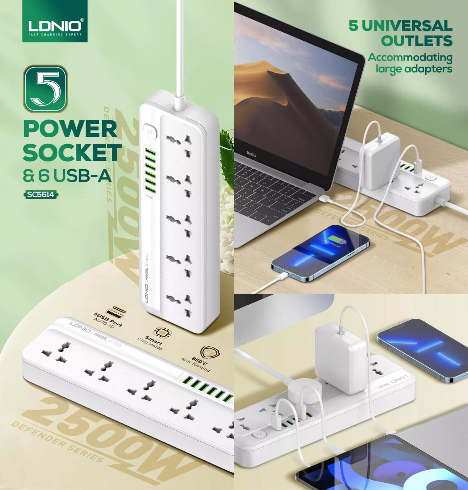 LDNIO SC5614 Fast Charging Power Strip with 5 Universal Outlets and 6USB ports - 2M Power Cord ...