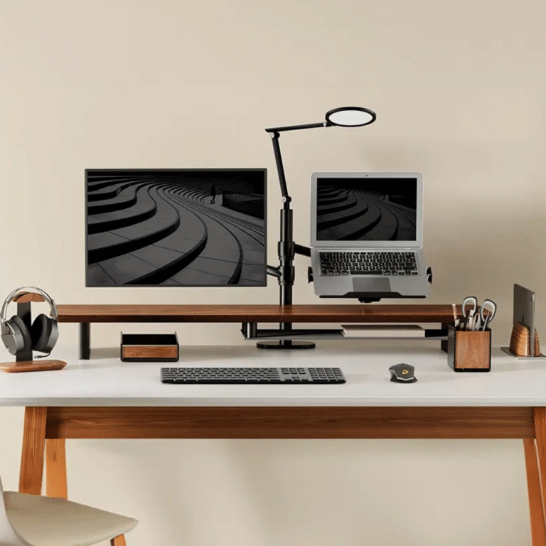 Upergo - Premium Walnut Dual Monitor Riser Stand (VD-42T) - Simplist Desk